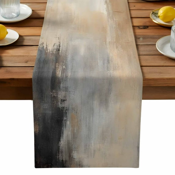 Beige Brown Table Runner, Geometric Abstract Art Oil Painting Kitchen ...