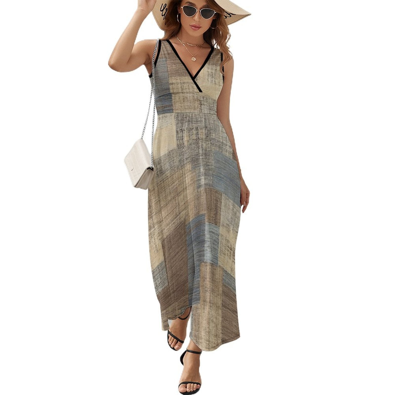 Beige Brown Textured Patchwork Rug Sleeveless Dress Summer Women ...