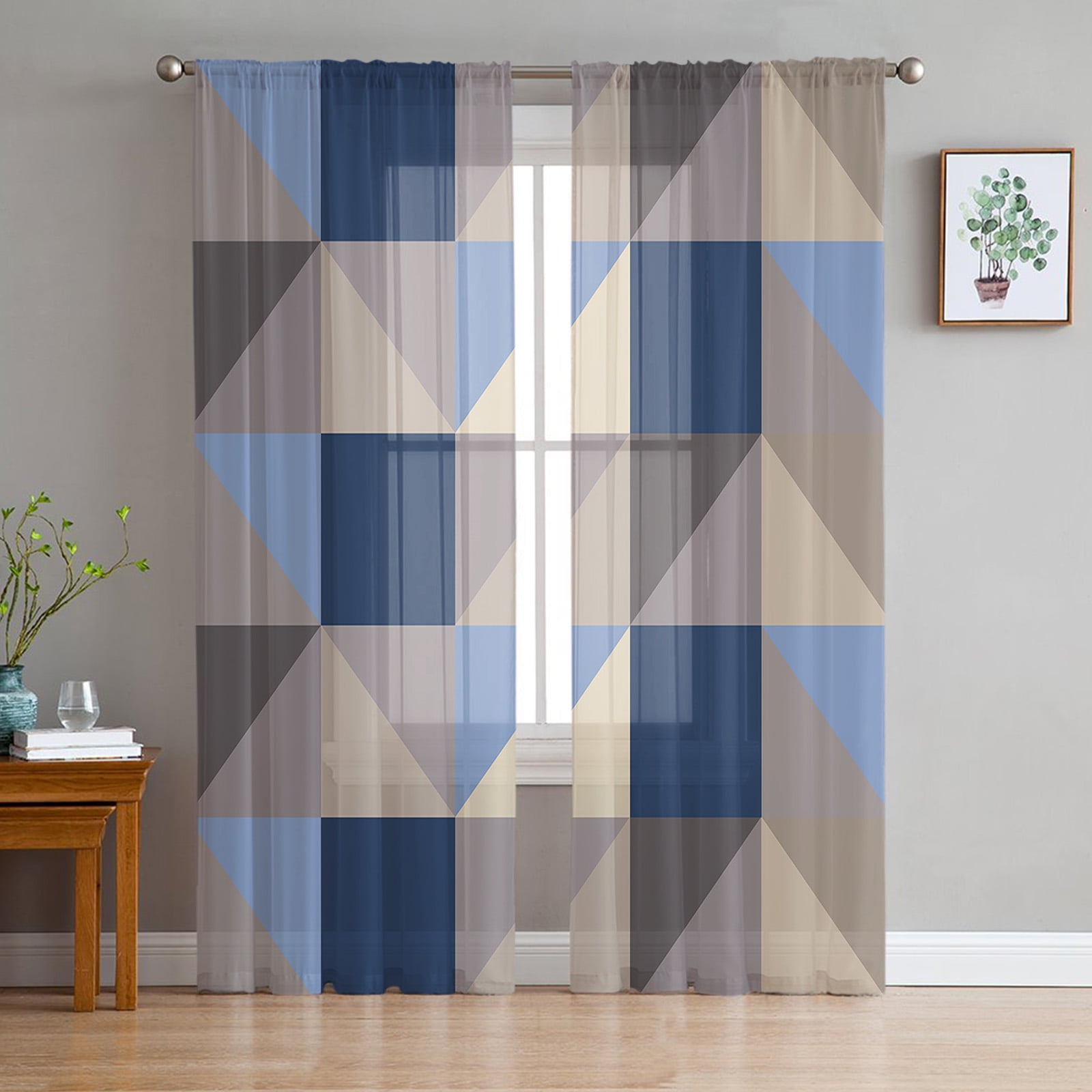 Beige Brown Triangle Curtains For Living Room Transparent Tulle Window ...
