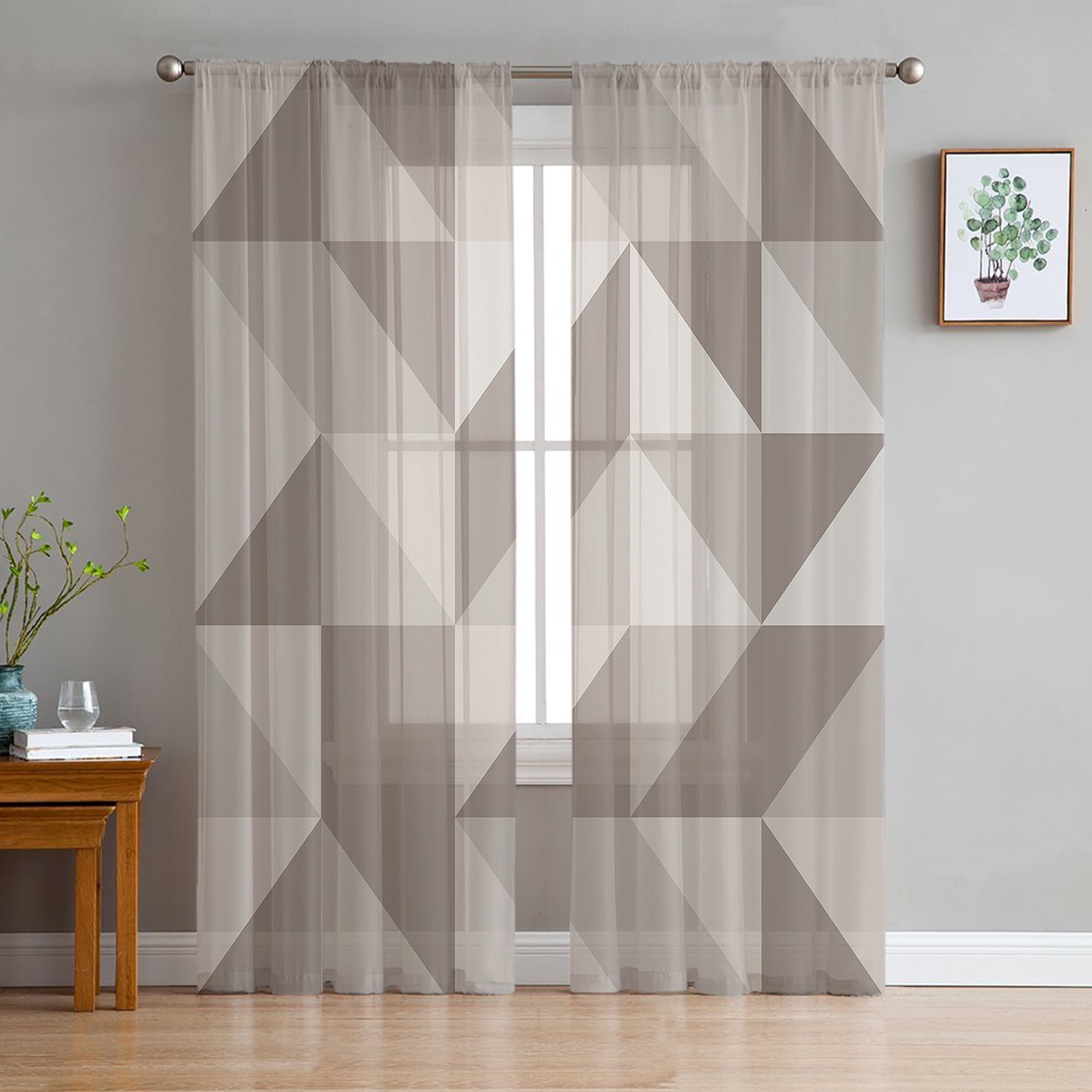 Beige Brown Triangle Curtains For Living Room Transparent Tulle Window ...
