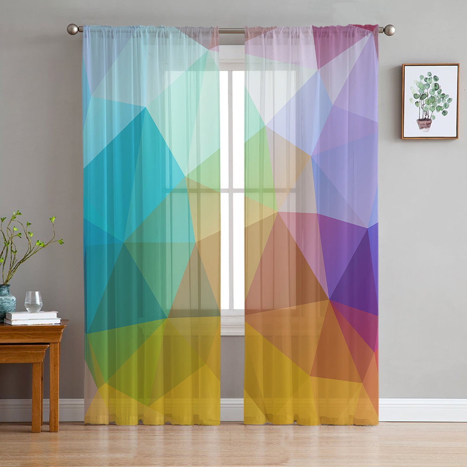 Beige Brown Triangle Curtains For Living Room Transparent Tulle Window ...