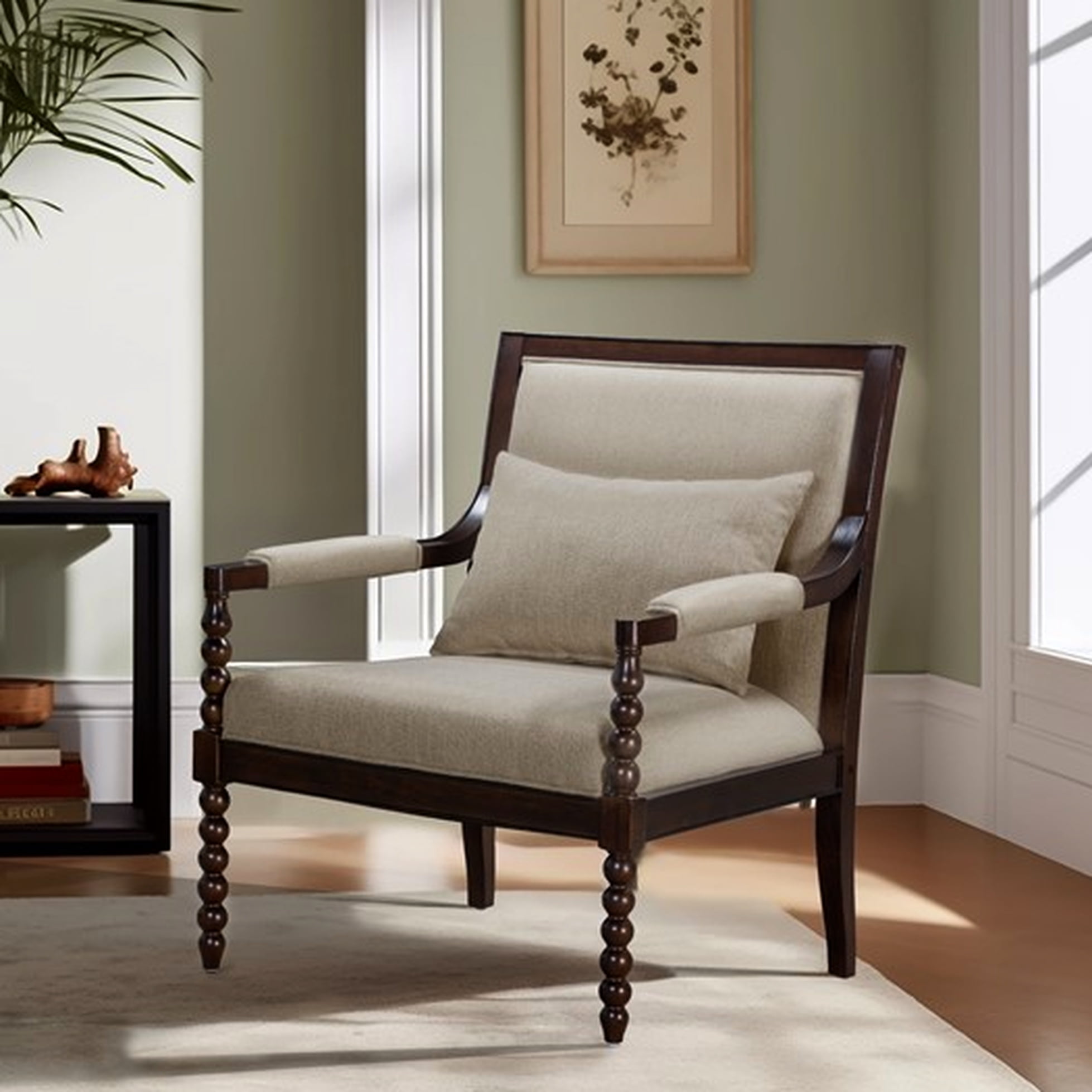 Beige And Brown Upholstered Chair, Solid Wood Base, Dark Finish ...