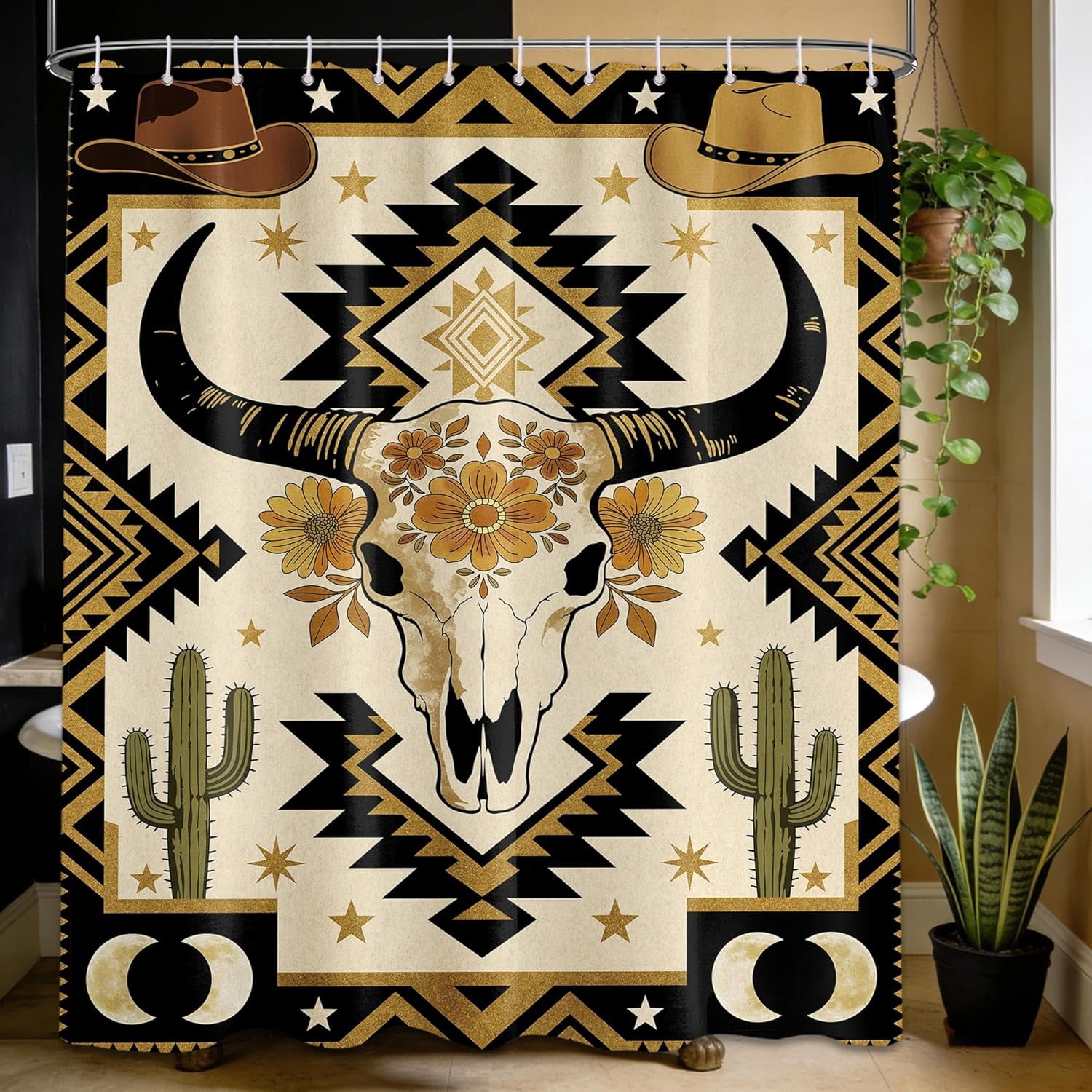 Beige Brown Western Aztec Shower Curtain Bull Skull Cactus Pattern ...