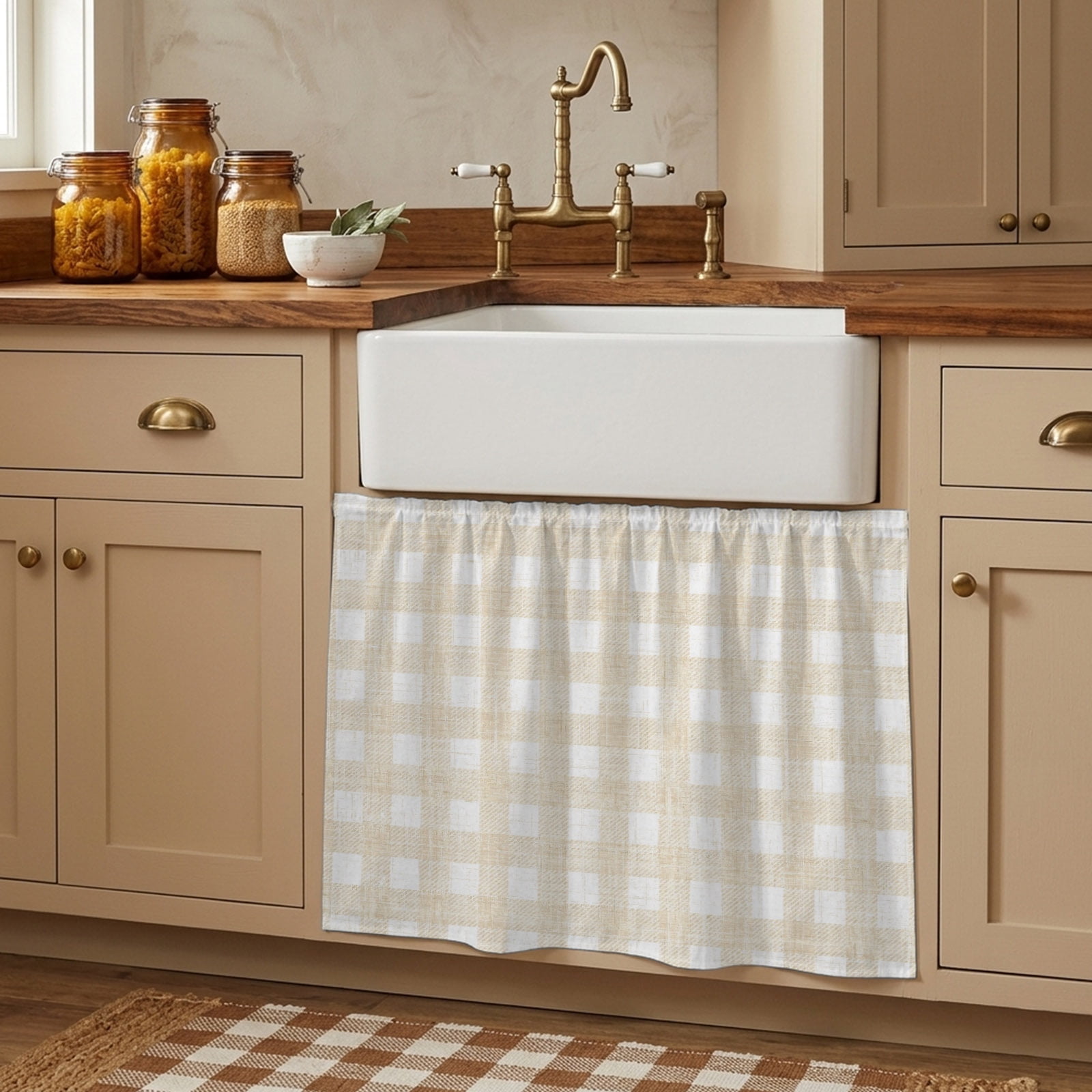 Beige Buffalo Check Small Cabinet Curtains 10"W x 11"L, Farmhouse Boho ...