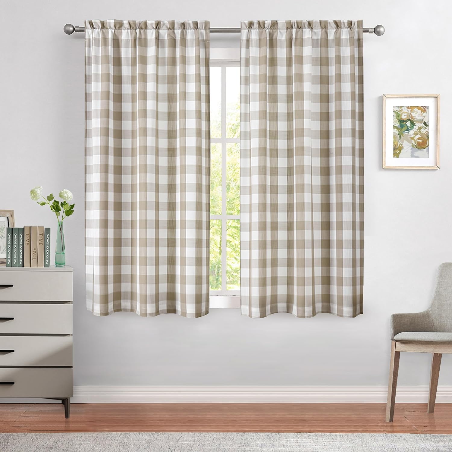 Beige Buffalo Plaid Window Curtain Panel Pairs 63 inch Long, Tan ...
