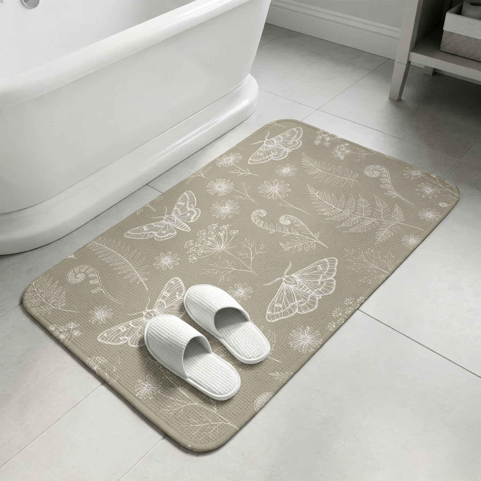 Beige Butterfly Botanical Bathroom Rugs Non Slip Washable Bath Mat ...