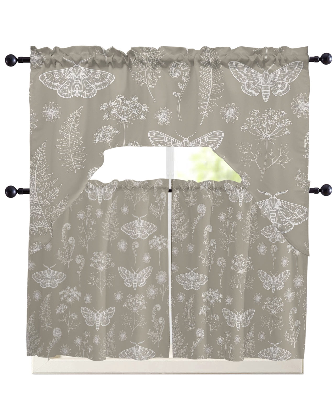 Beige Butterfly Botanical Kitchen Curtains Sets for Windows 3 Piece ...