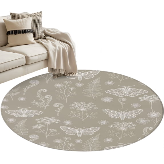 Beige Butterfly Botanical Round Rug 3ft Area Rug Washable Soft Non-Slip ...