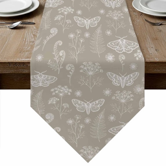 Beige Butterfly Botanical Table Runner Linen Burlap Table Runner 72 ...