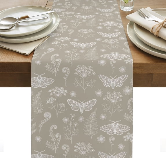Beige Butterfly Botanical Table Runner Summer Plants Line Art ...