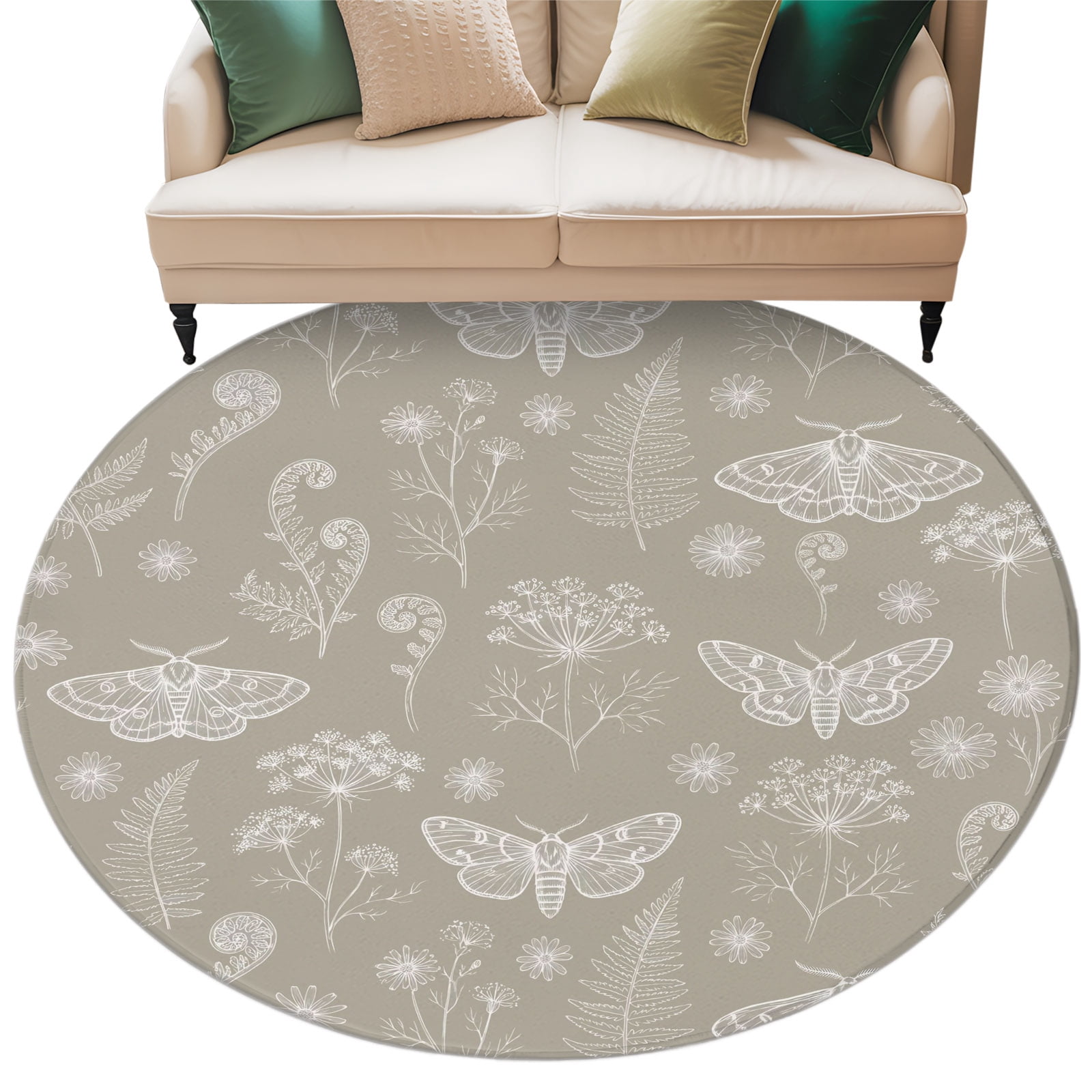 Beige Butterfly Botanical Washable Round Rug 6ft Area Rug for Living ...