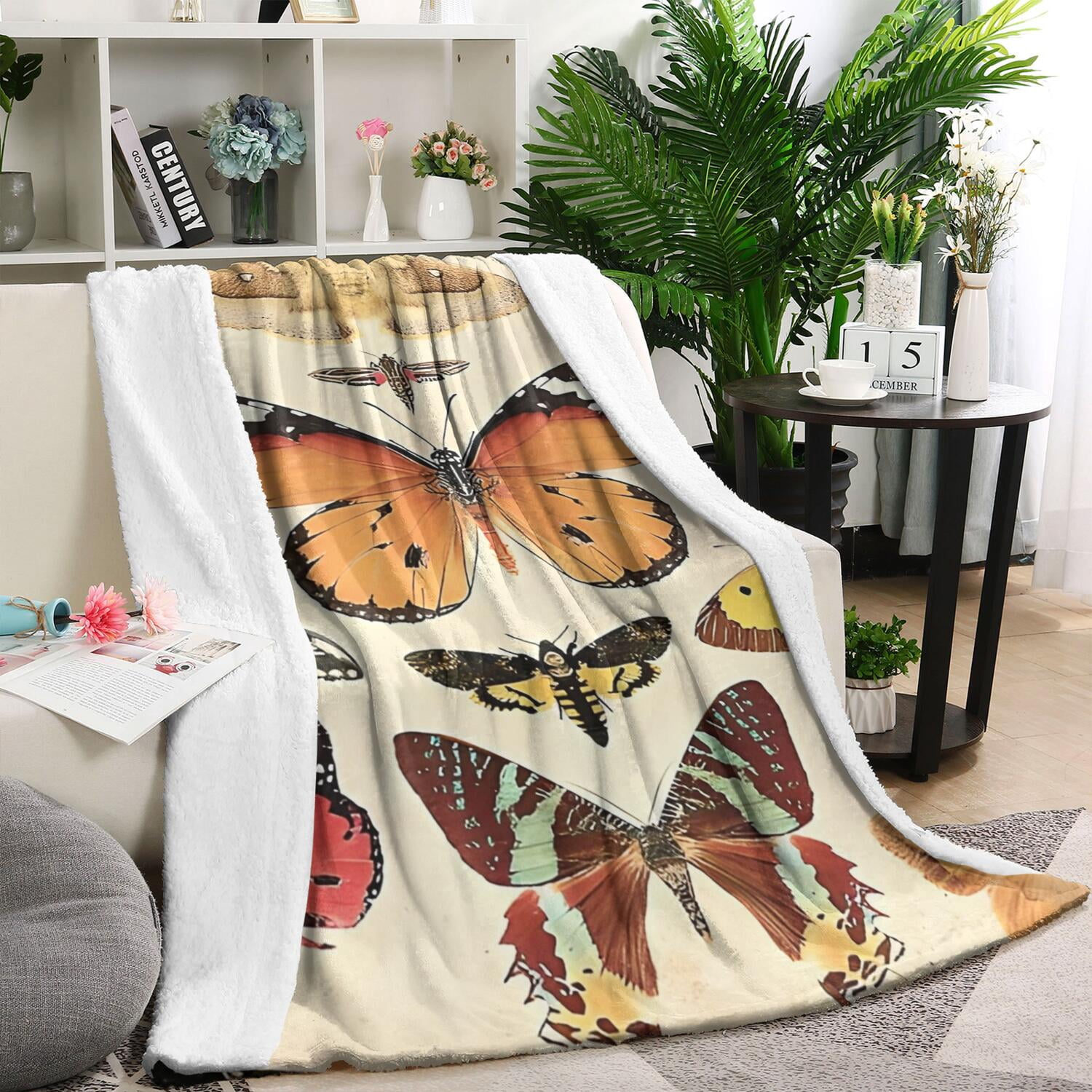 Beige Butterfly Moth Pattern Blanket,Comfortable Soft Flannel Throw ...