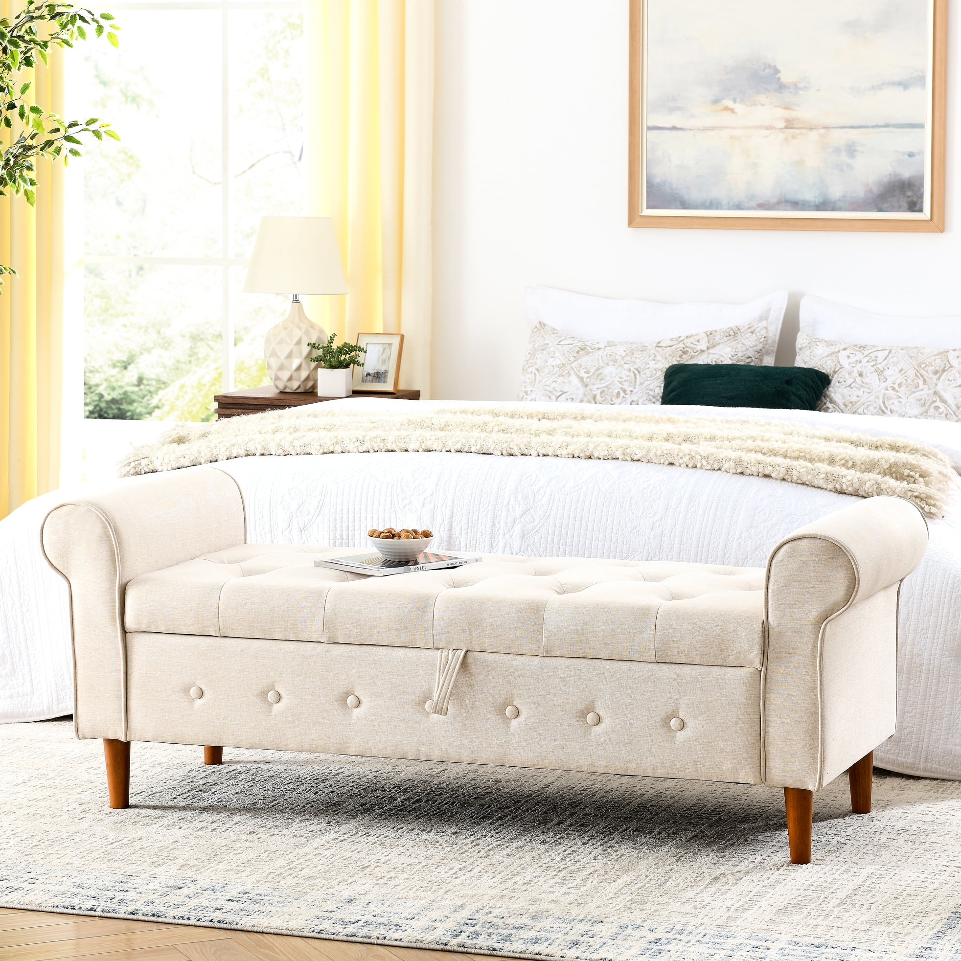 Beige Button Storage Bench, 62" Modern Upholstered With Rolled Arm For ...