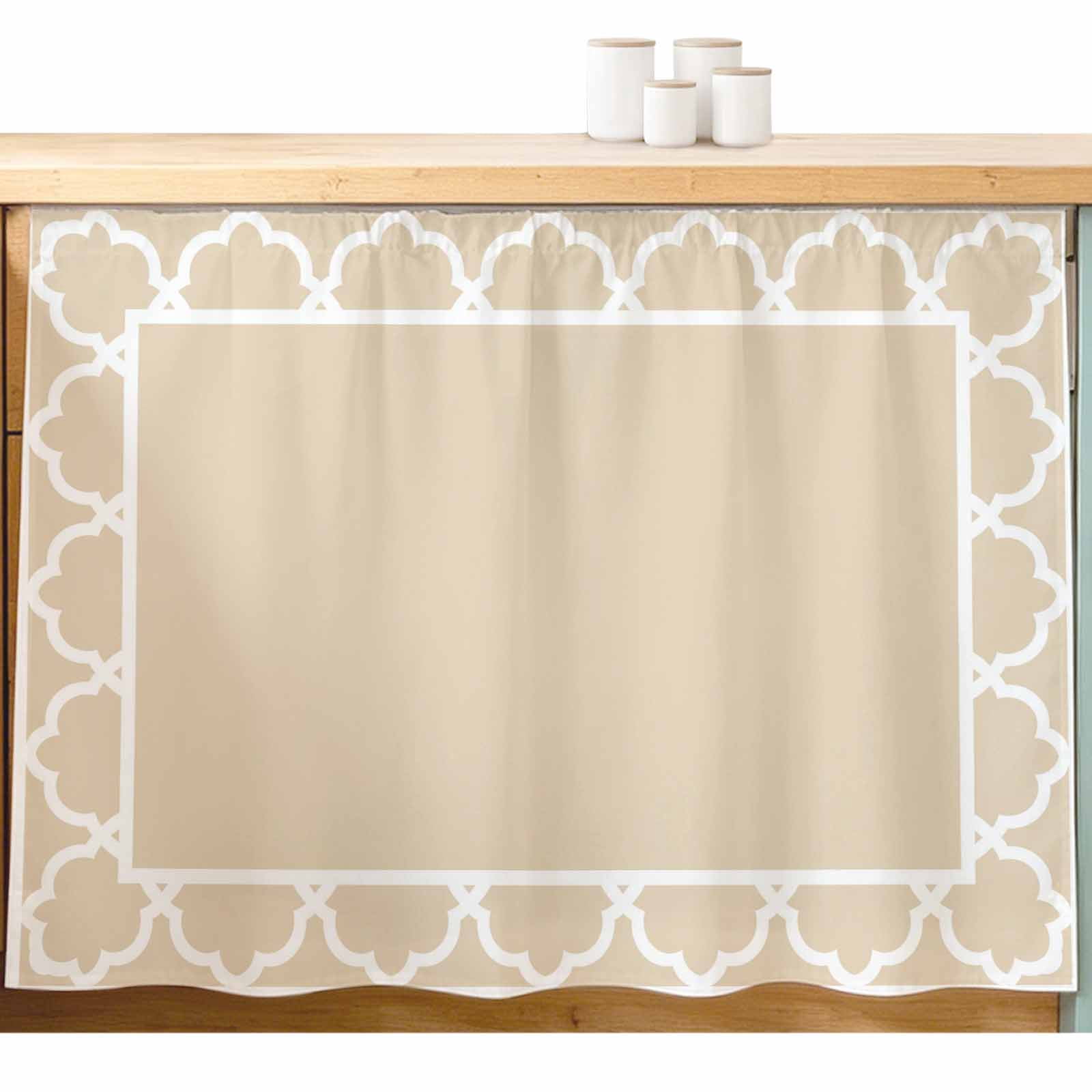 Beige Cabinet Curtains 28" W x 35" L, Geometric Morocco Printed Border ...