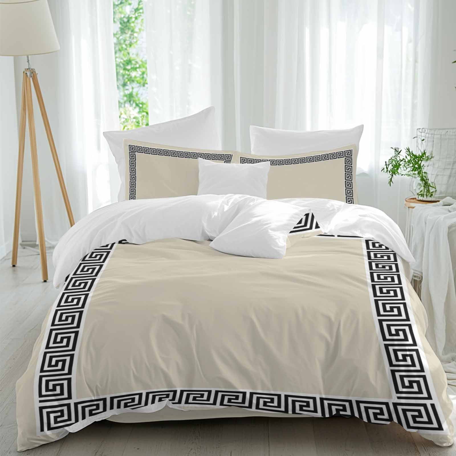 Beige California King Duvet Cover Set, Greek Chinese Style 4 Piece ...