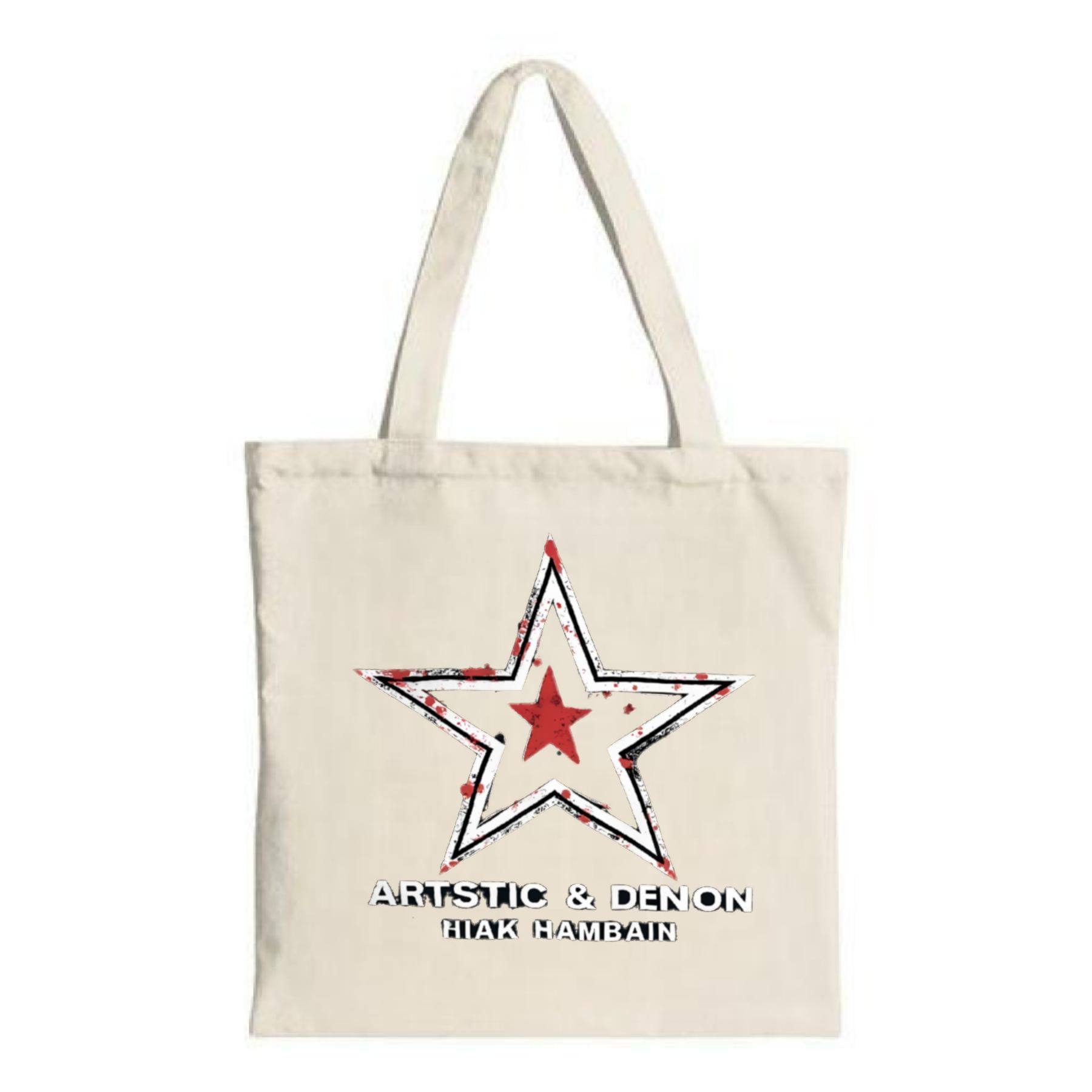 Beige Canvas Tote Bag with Bold Red Star Design Featuring ' DENON RIAH ...