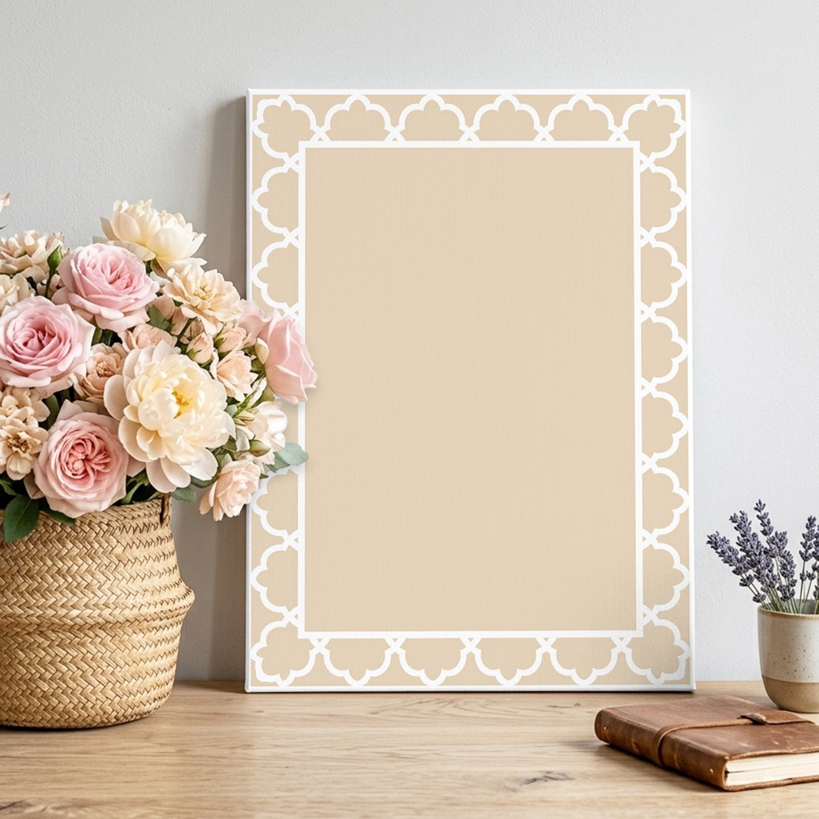 Beige Canvas Wall Art for Living Room, Geometric Morocco Printed Border ...