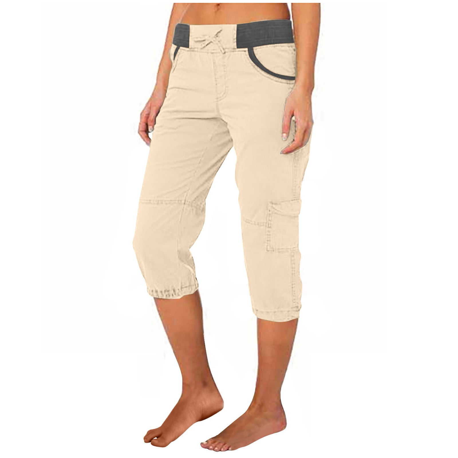 Beige Cargo Pants Women's Color Blocking Elastic Waist Multi Pocket ...