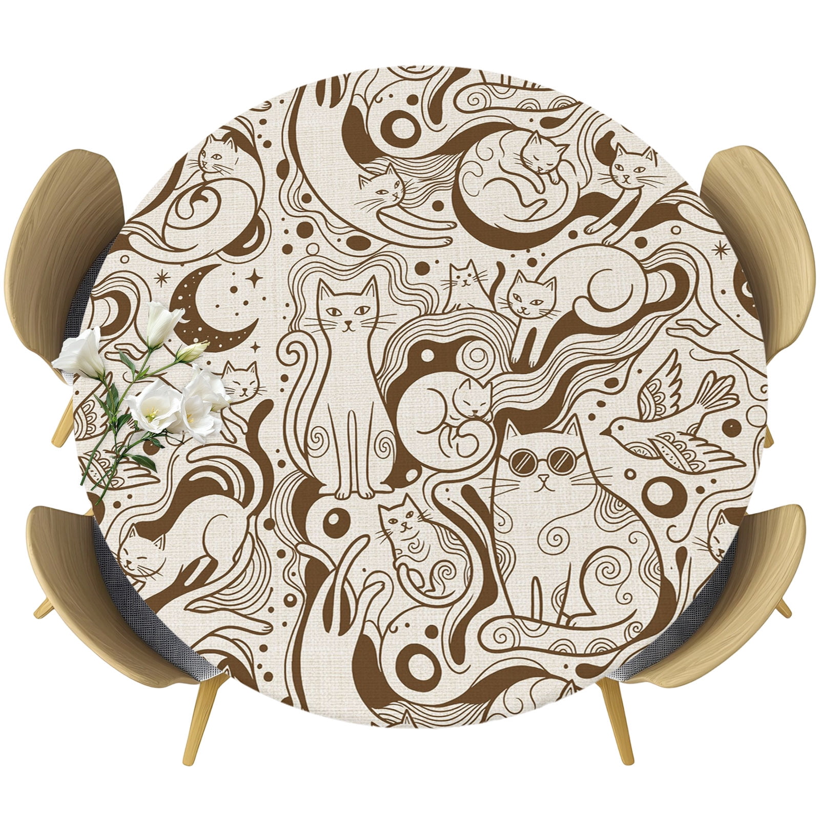 Beige Cartoon Cats Round Tablecloth 45-54 Inch Round Fitted Table Cloth ...