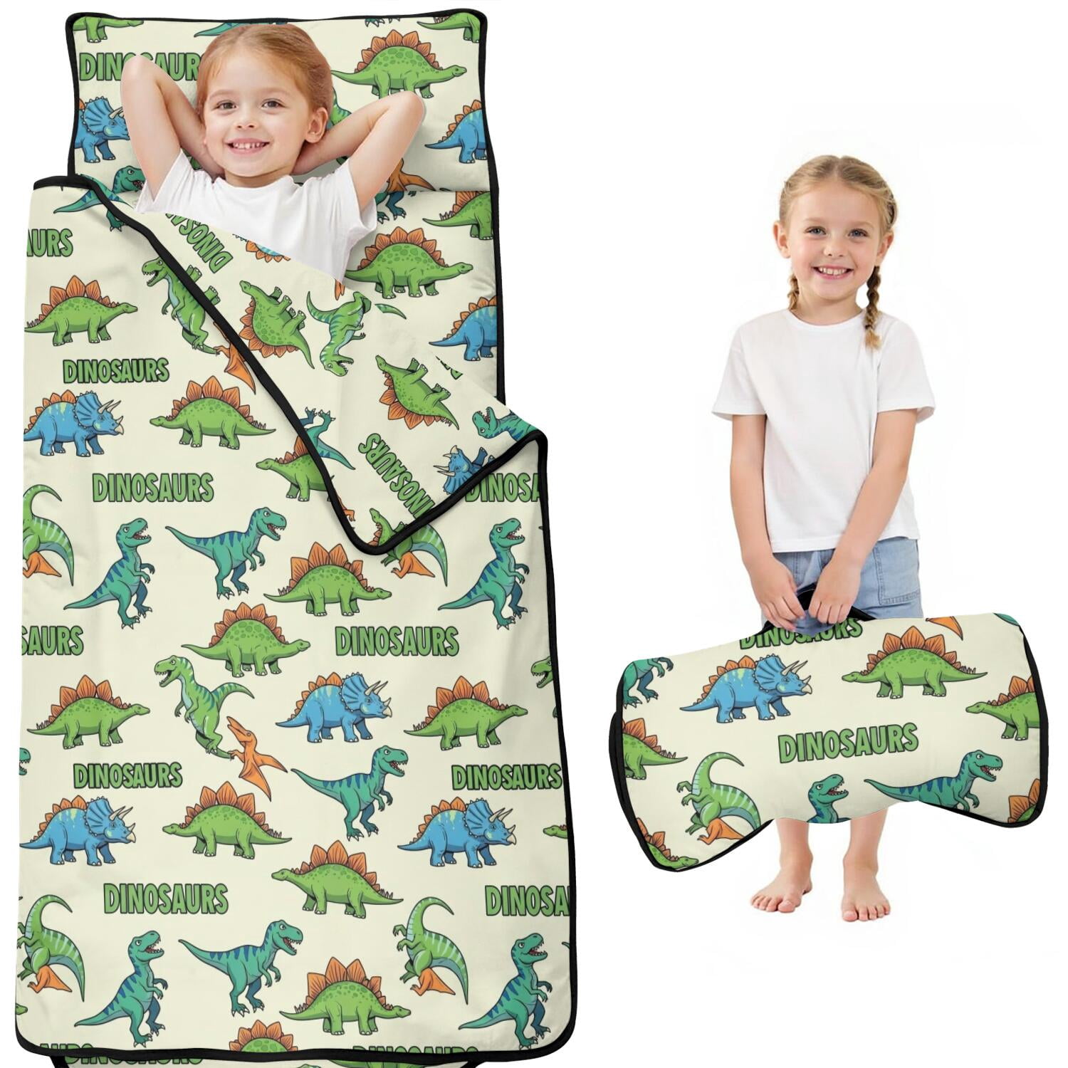 Beige Cartoon Dinosaurs Pattern Teens Toddler Nap Mat with Pillow ...