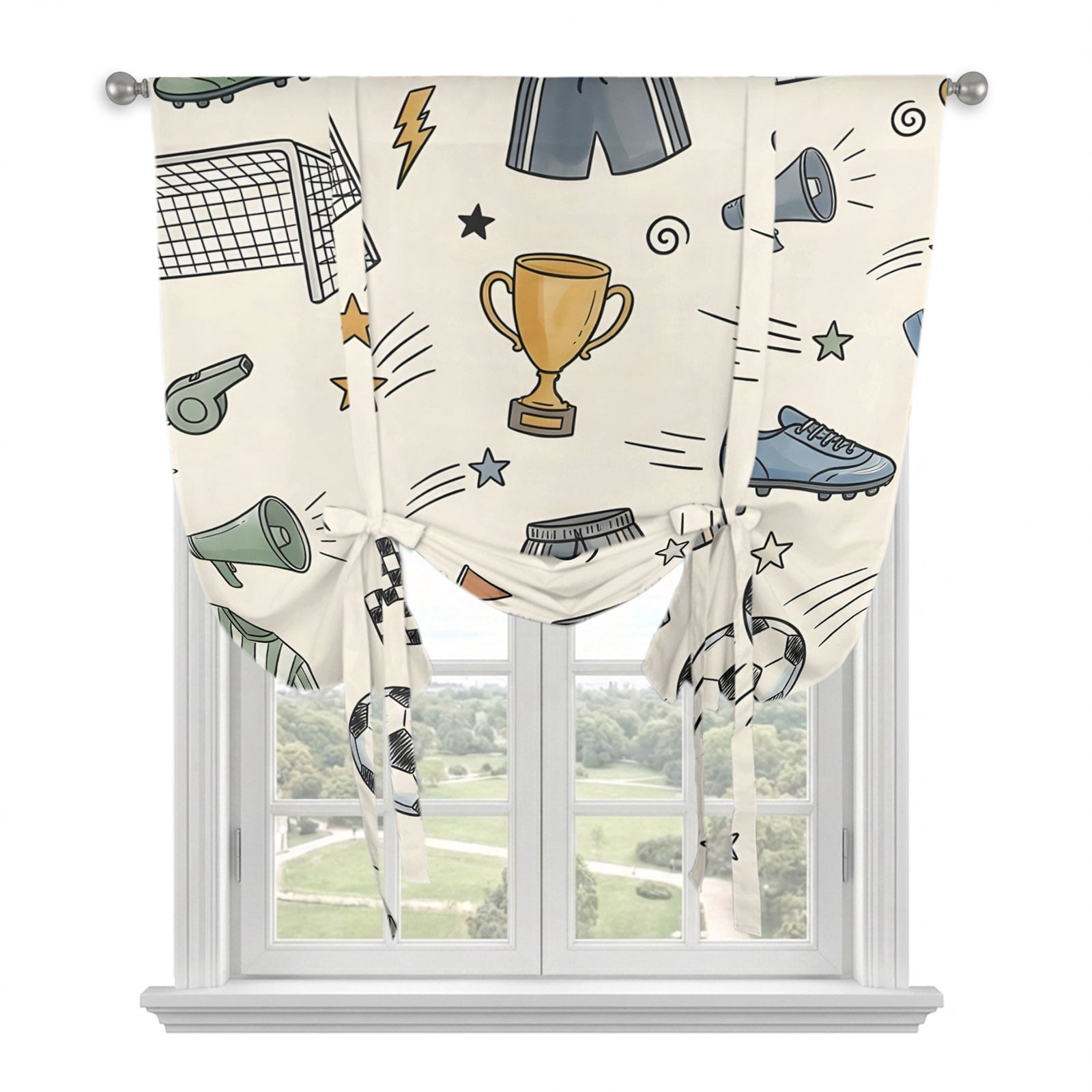 Beige Cartoon Sports Tie Up Curtains for Window, Thermal Insulated ...