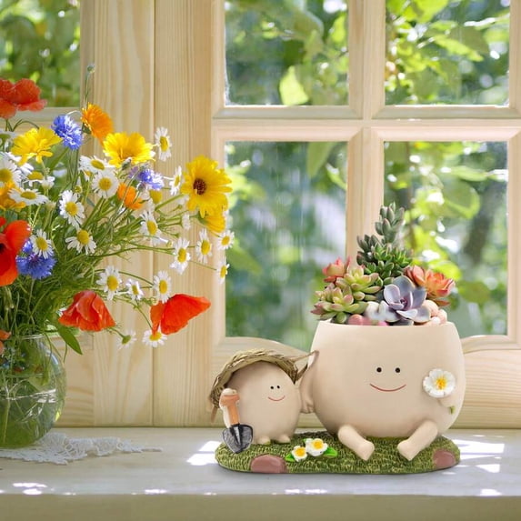 Beige Cartoon Succulent Planter With Smiling Face And Gardener Figurine ...