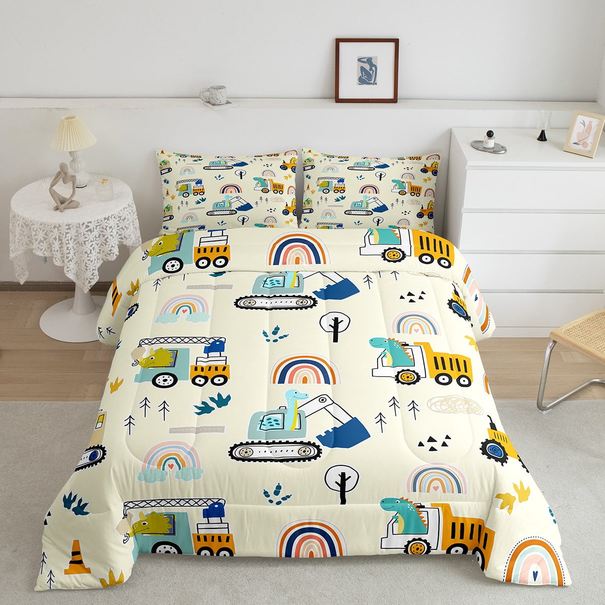 Beige Cartoon Truck Comforter Set Twin Rainbow Bedding Set, Kawaii ...