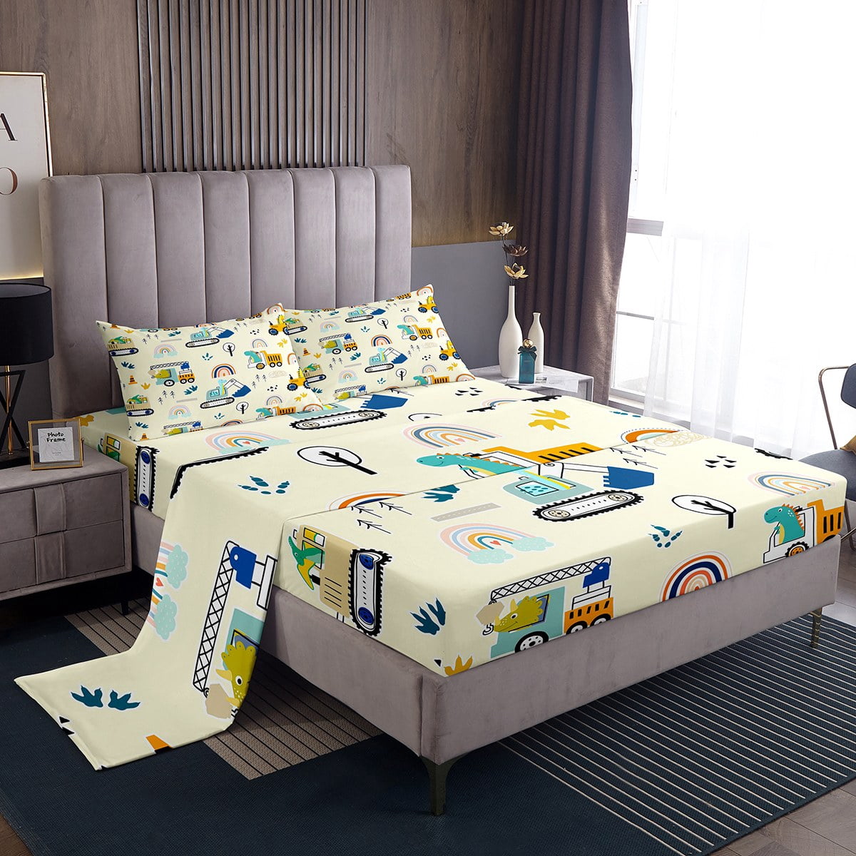 Beige Cartoon Truck Queen Sheet Set Rainbow Sheets, Kawaii Dinosaur Bed ...