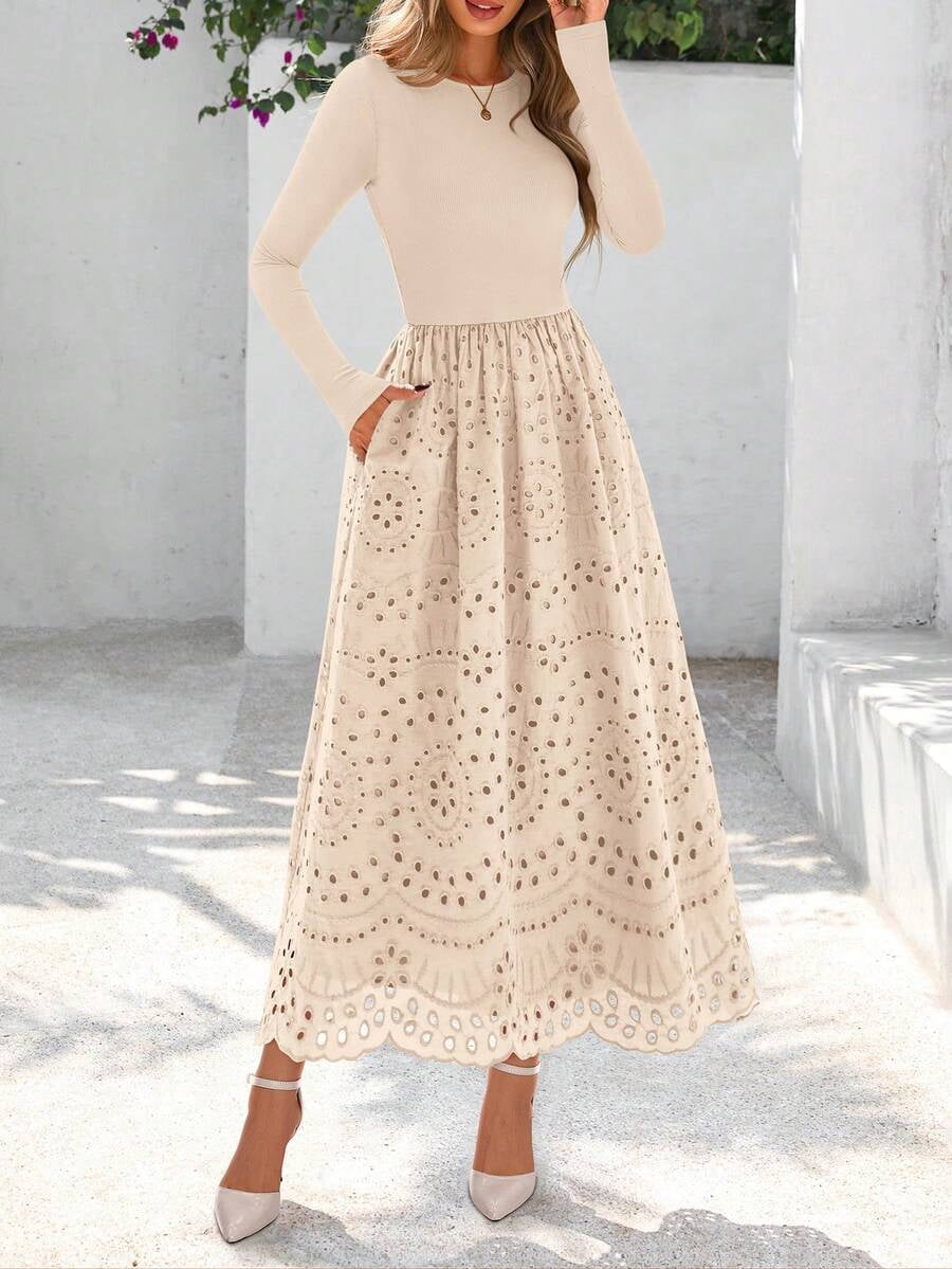 Beige Casual Eyelet Long Sleeve Crewneck A-Line Boho Maxi Dress With ...