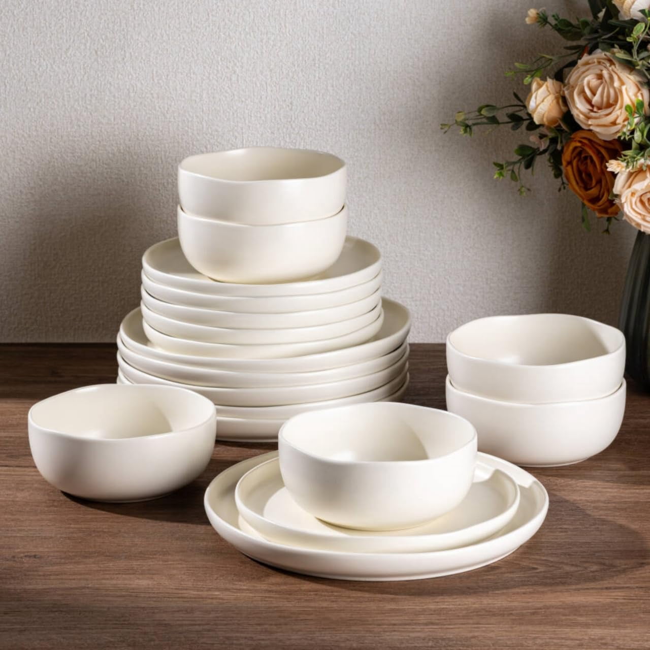 Beige Ceramic 18-Piece Dinnerware Set Service for 6, Wavy Rim Stoneware ...