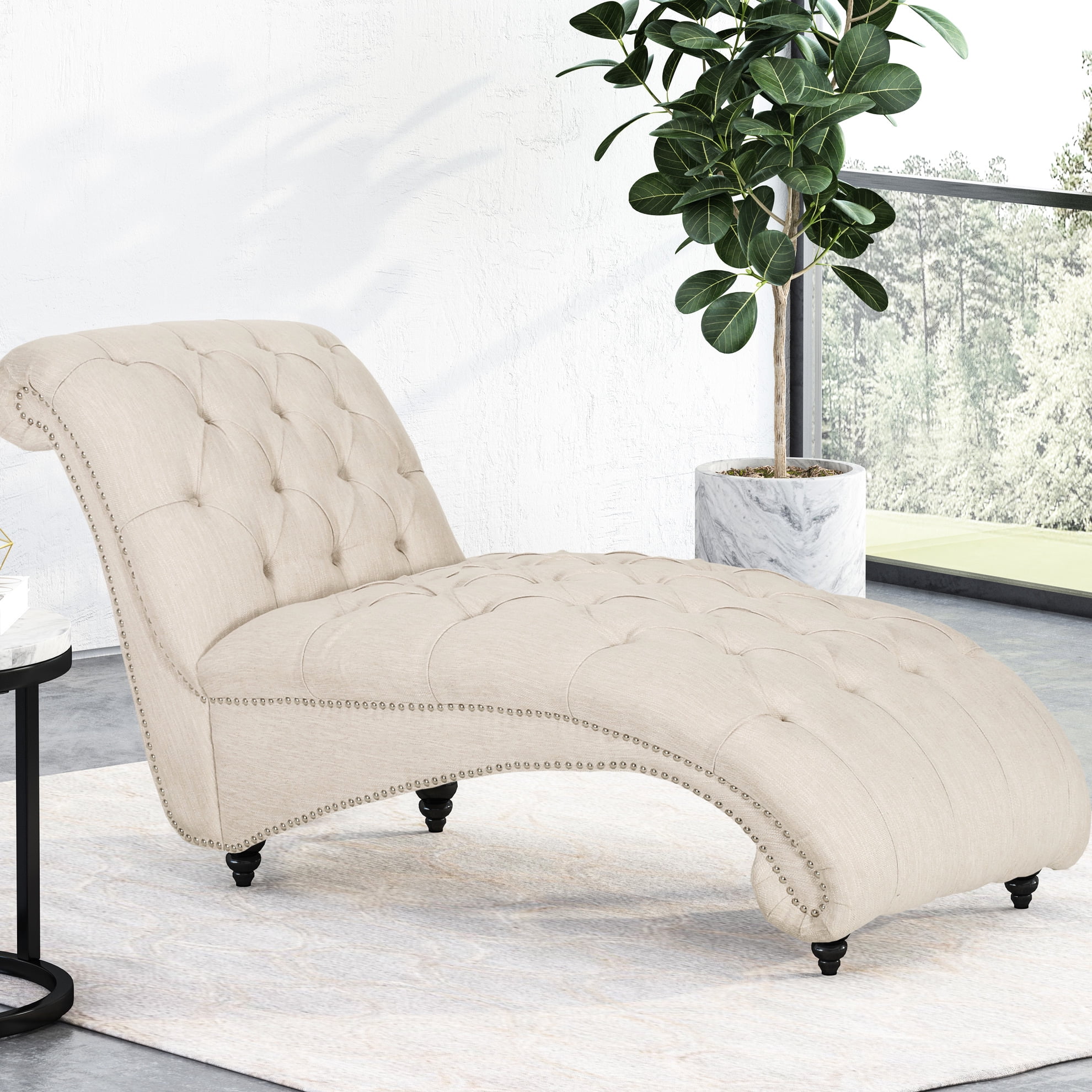 Beige Chaise Lounge With Button Tufting, Diamond Stitch, Curvy Birch ...