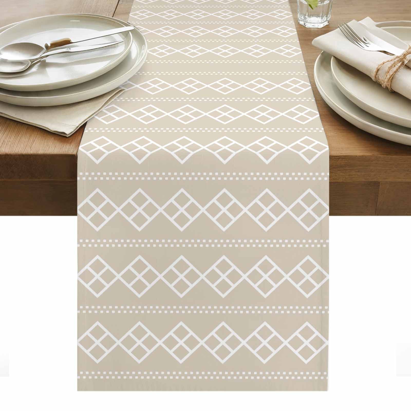 Beige Checkered Cotton Linen Table Runner Abstract White Geometric ...