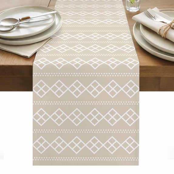 Beige Checkered Cotton Linen Table Runner Abstract White Geometric ...