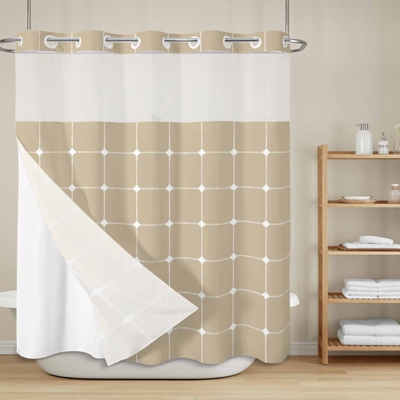 Beige Checkered No Hook Shower Curtain with Snap in Liner, Modern ...