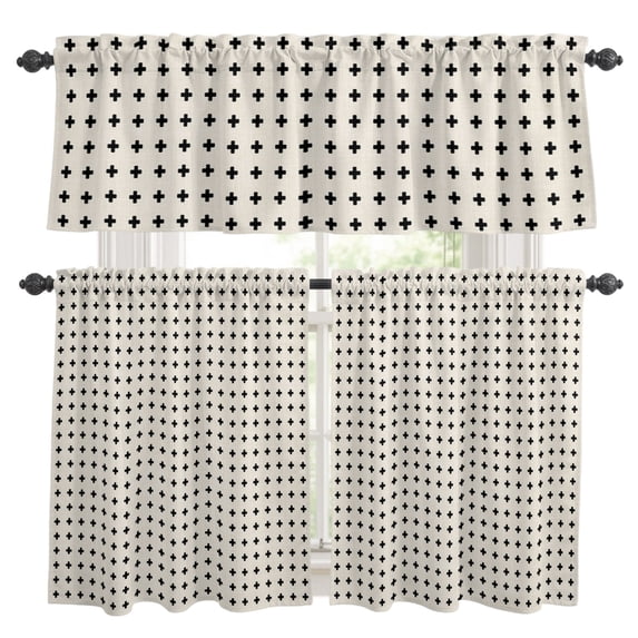 Beige Checkered Kitchen Curtains and Valances Set, Country Abstract ...