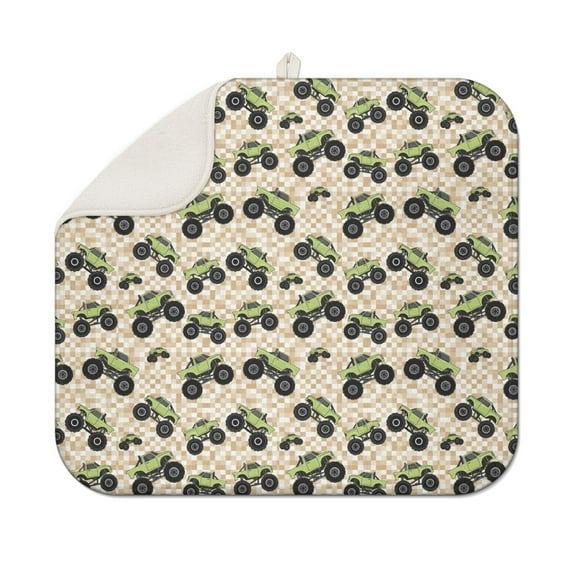 Beige Checkered Monster Cartoon Trucks Pattern Dish Drying Mat for ...