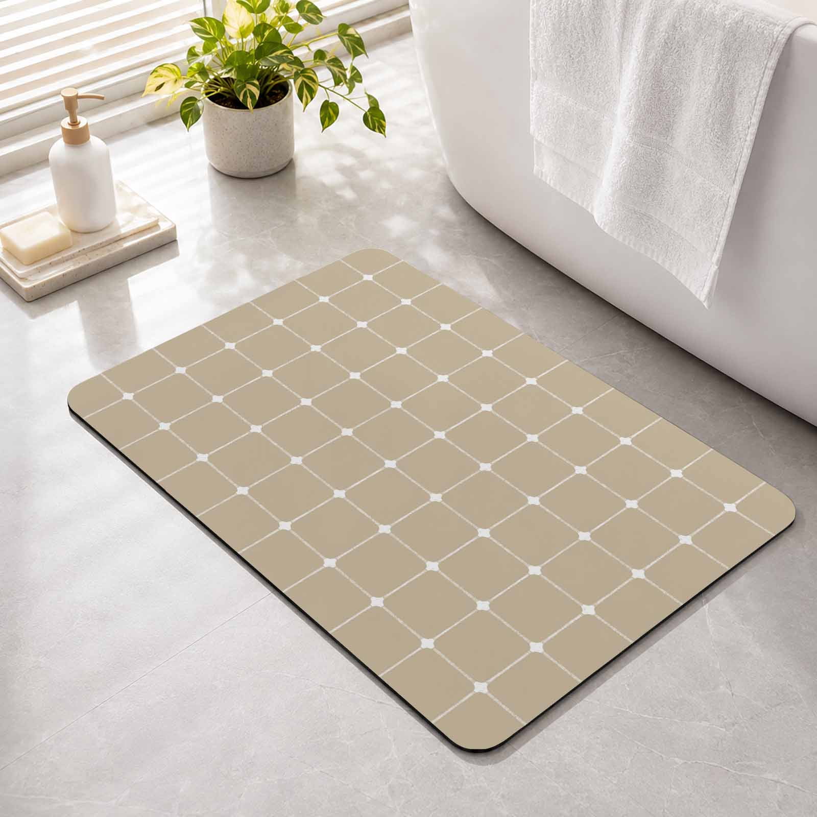 Beige Checkered Non Slip Bathroom Mat, Modern Minimalist Geometric Grid ...