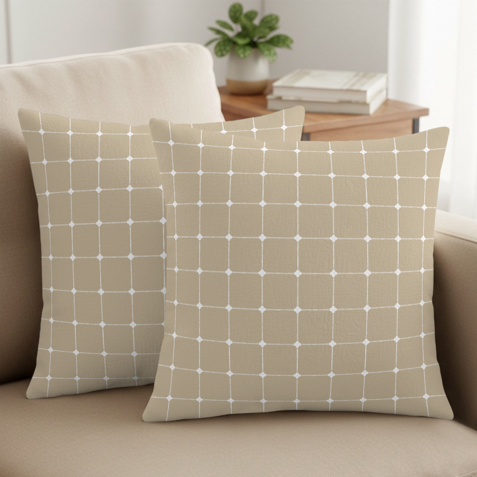 Beige Checkered Pillow Covers Set of 2, Modern Minimalist Geometric ...