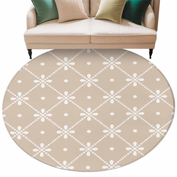 Beige Checkered Round Rug 8ft Washable Circle Rugs Non Slip Farmhouse ...
