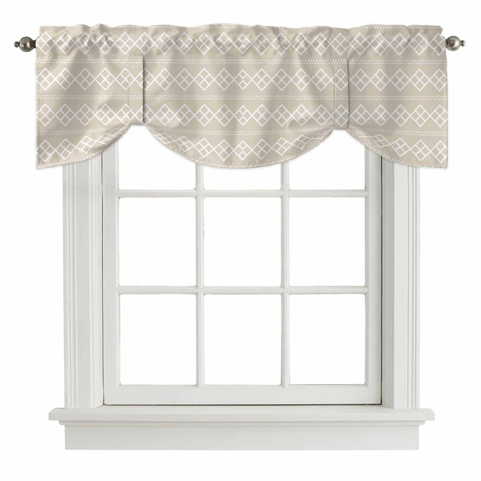 Beige Checkered Tie Up Valance Curtains Abstract White Geometric Argyle ...