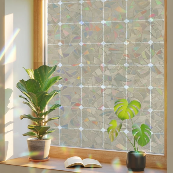 Beige Checkered Window Privacy Film, Modern Minimalist Geometric Grid ...