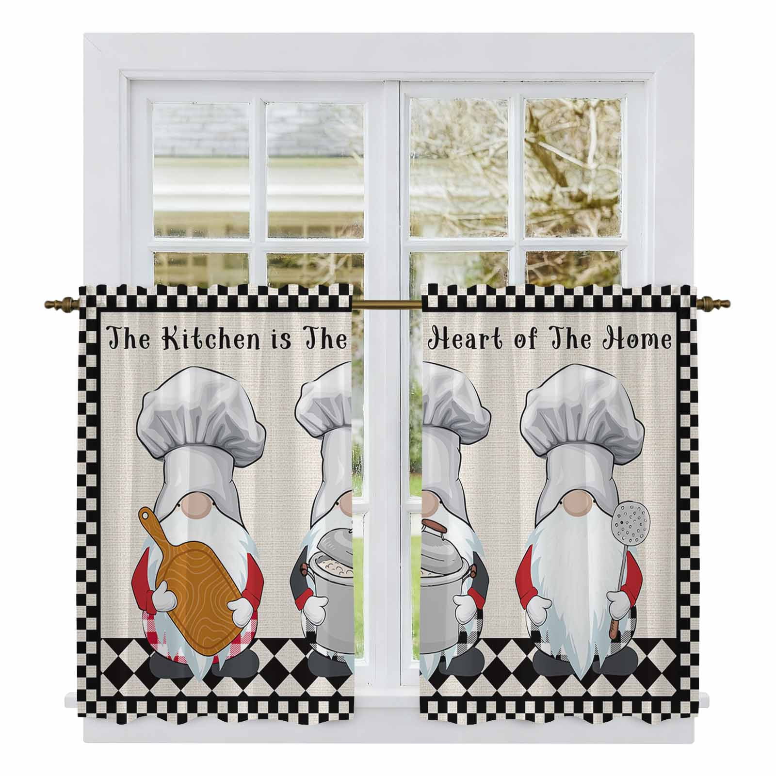 Beige Chef Gourmet Kitchen Curtains, Black White Plaid Kitchen Cook ...