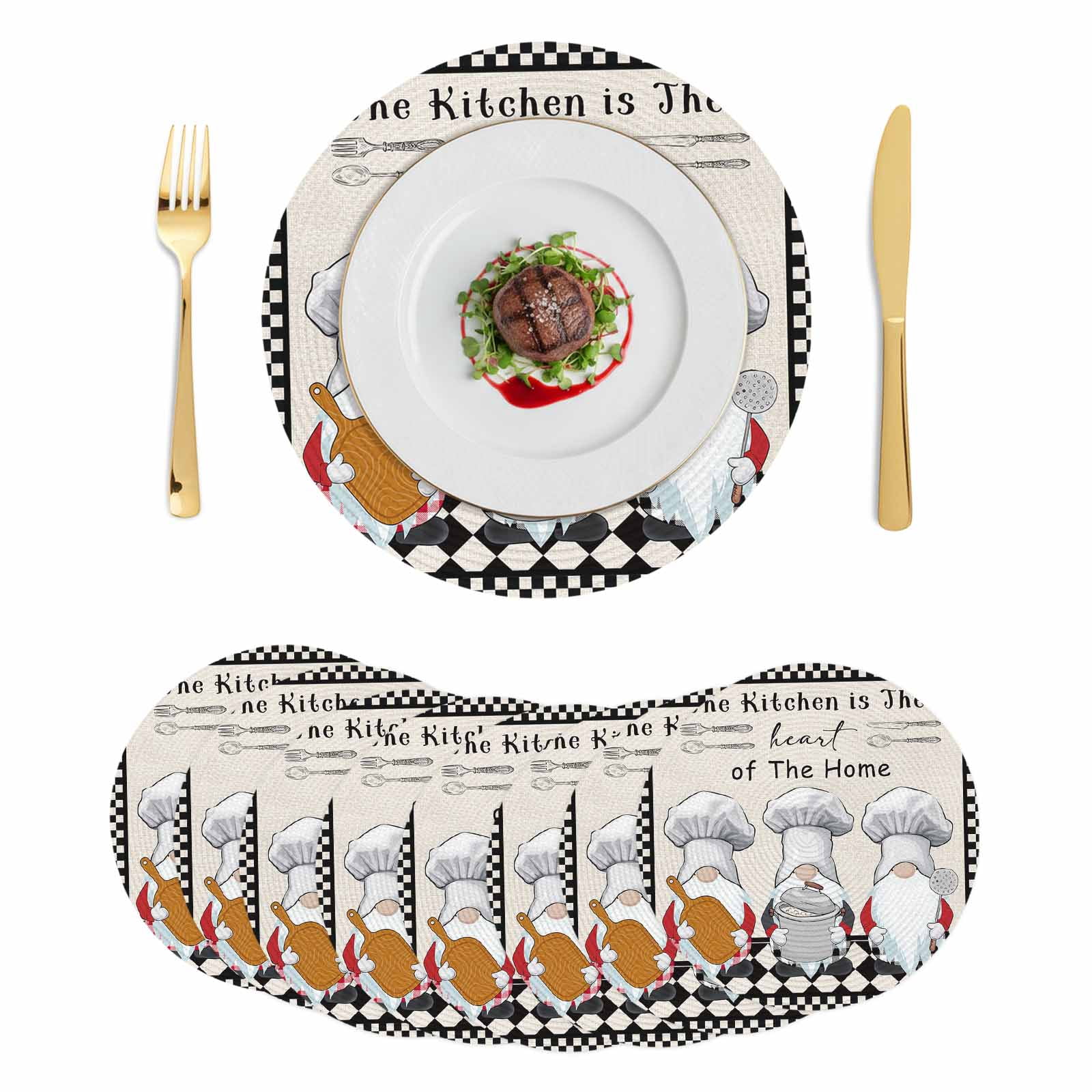 Beige Chef Gourmet Round 15 Inch Placemats Set of 8, Black White Plaid ...