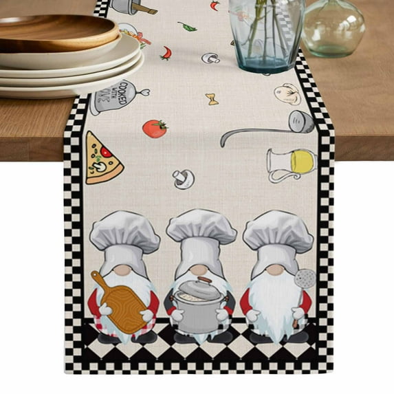 Beige Chef Gourmet Table Runner, Black White Plaid Kitchen Cook ...