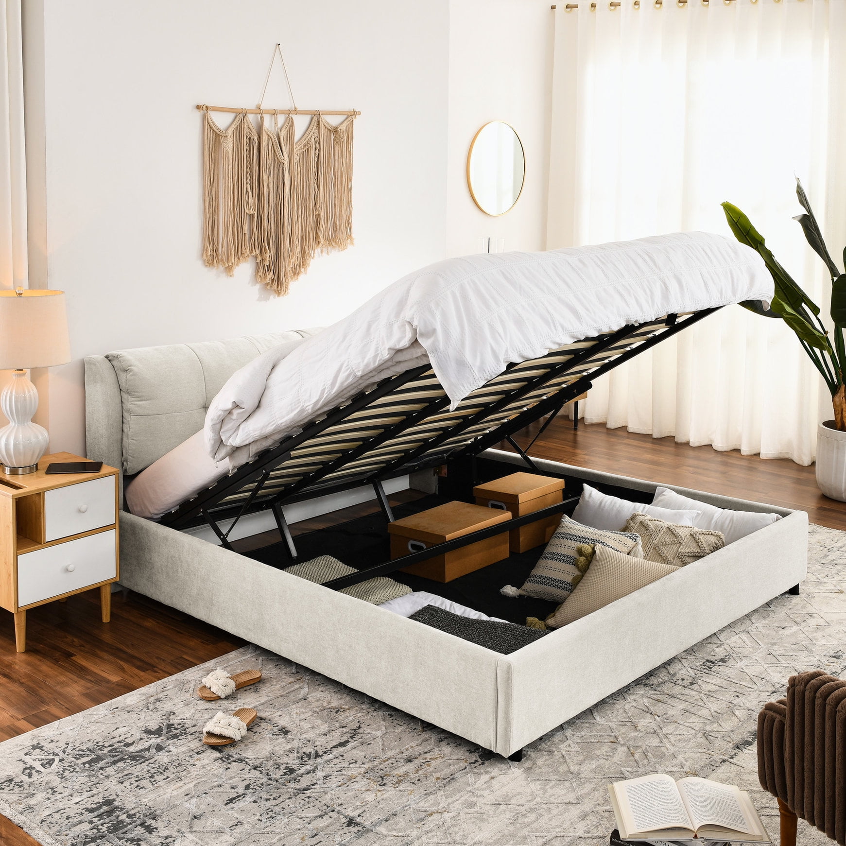 Beige Chenille King Size Bed With Robust Construction And Storage Space ...