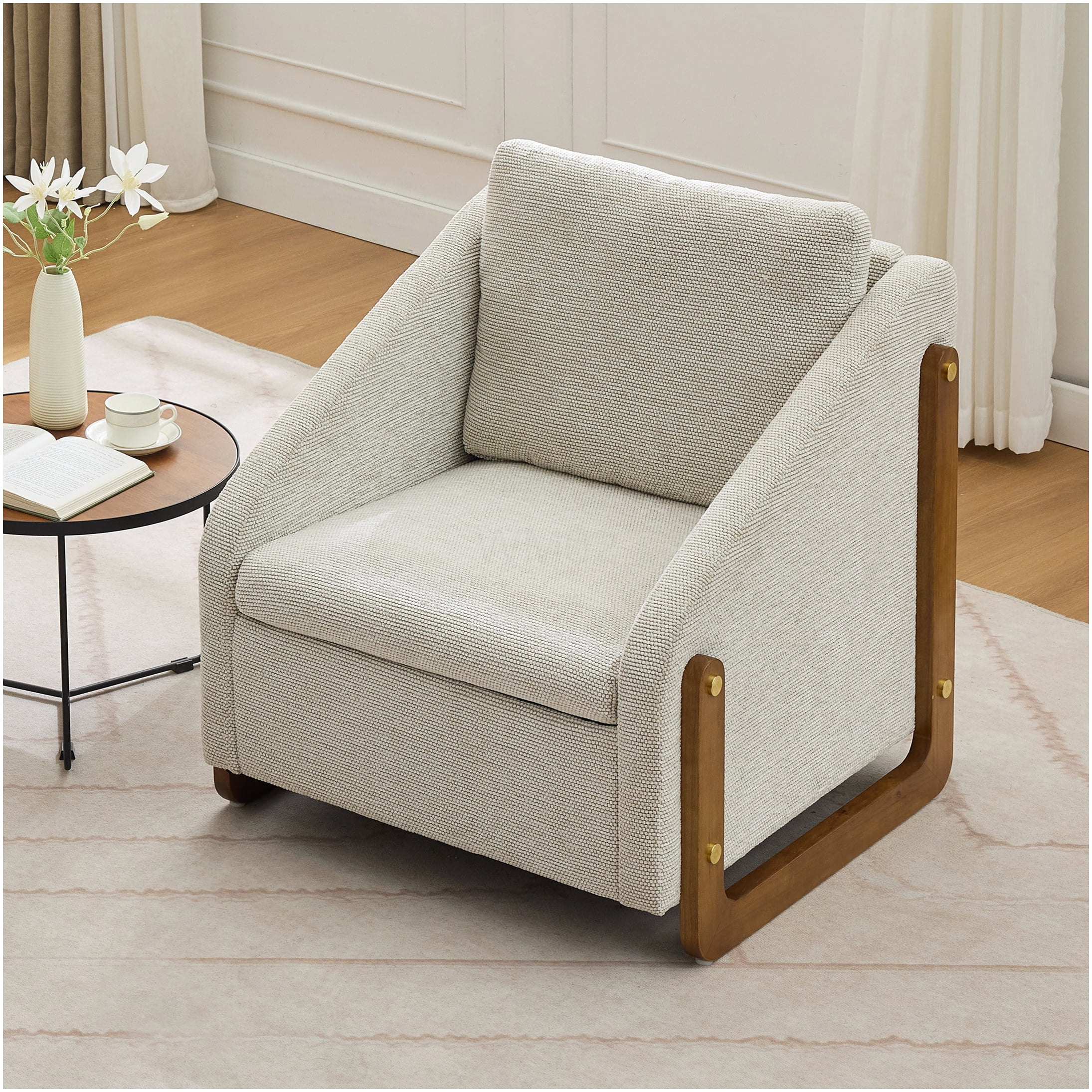 Beige Chenille Upholstered Armchair with Golden Trim, Modern Accent ...