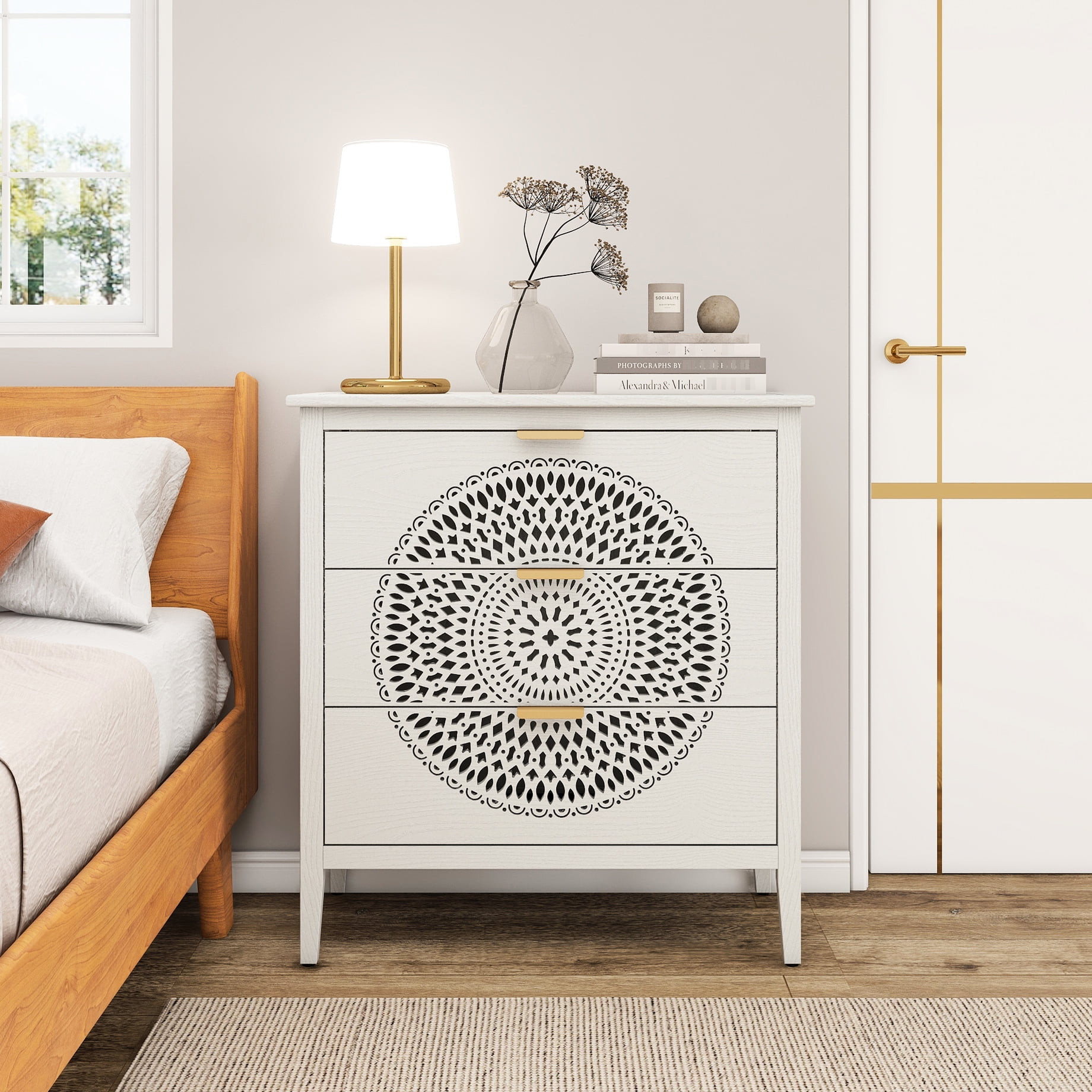 Beige Chest With Legs, Golden Handles, For Bedroom 3 Drawer Storage ...