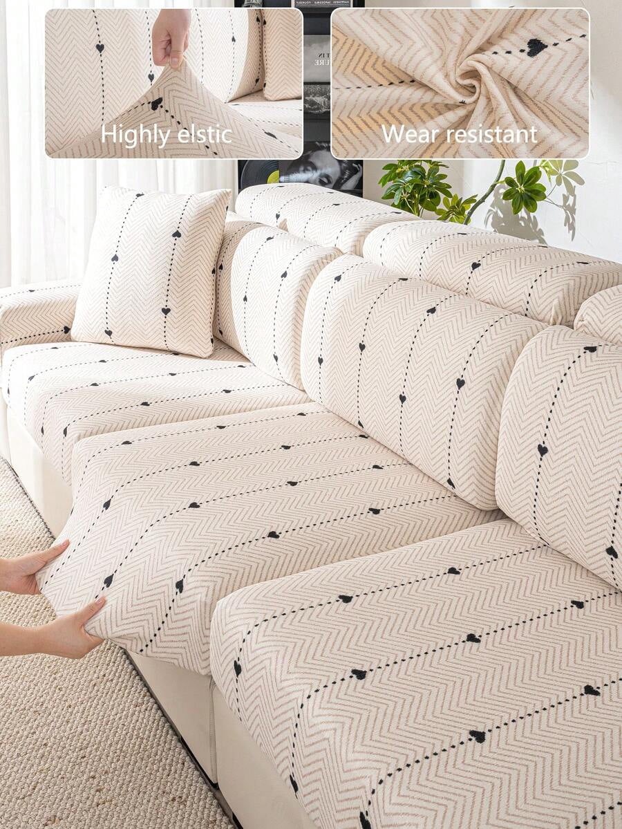 Beige Chevron Heart Pattern Stretch Sofa Slipcover, Non-Slip, Machine ...