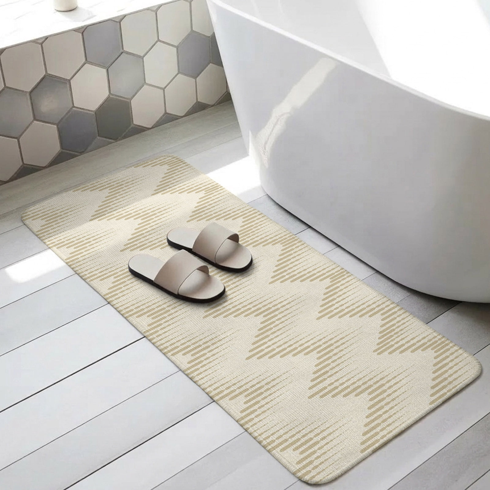 Beige Chevron Waves Bathroom Runner Rugs Non Slip Washable Absorbent ...