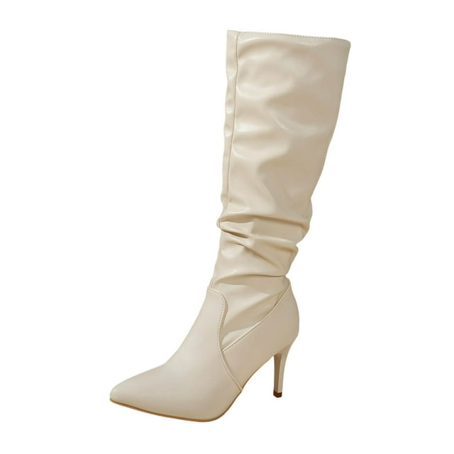 Beige Chic Flat Boots For Women, Knee-High Length For Warmth, Versatile ...